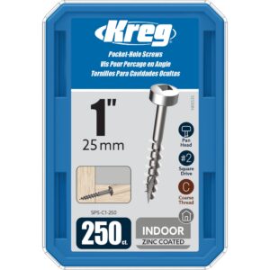 kreg sps-c1-250 zinc pocket screws, 1-inch #7 coarse thread, pan- head (250 count)