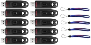 sandisk ultra usb (10 pack) 3.0 32gb cz48 flash drive high performance jump drive/thumb drive/pen drive up to 100mb/s - bundle with (5) everything but stromboli lanyard