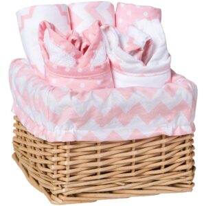 trend lab pink sky 7 piece feeding basket gift set - 2 deluxe bibs, 3 deluxe burp cloths, liner, willow basket