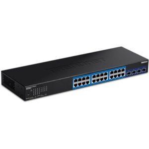 trendnet 28-port web smart switch, 24 x gigabit ports, 4 x 10g sfp+ slots, high speed network uplinks, 128 gbps switching capacity,1u rack mountable,lifetime protection, black, teg-30284