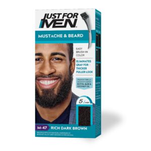 just for men mustache & beard, beard dye for men with brush included for easy application, with biotin aloe and coconut oil for healthy facial hair - rich dark brown, m-47, pack of 1