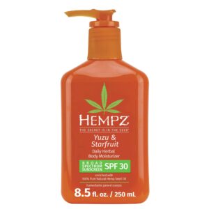 hempz yuzu & starfruit daily herbal lotion with broad spectrum spf 30 - fragranced, paraben-free sunscreen and moisturizer with 100% natural hemp seed oil for women - premium skin care products