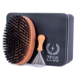 zeus oval military beard brush with bristle cleaner, boar bristle beard brush & bristle rake cleaner gift set (made in germany) firm bristles q91