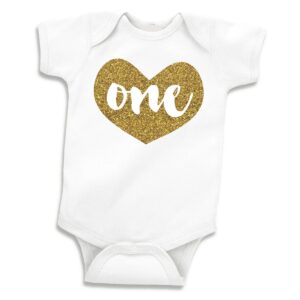 bump and beyond designs baby girls first birthday outfit for one year old - one gold glitter heart shirt (12-18 months)