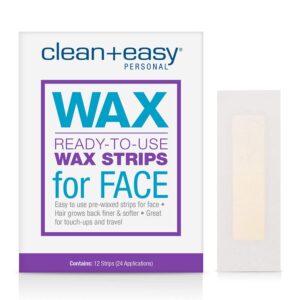 clean + easy ready- to- use wax strips for facial waxing, no heating required, great for unsightly hair removal touch-ups, 12 ct.