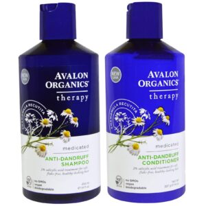 avalon organics anti-dandruff shampoo and anti-dandruff conditioner bundle with 2% salicylic acid, aloe vera, tea tree, chamomille and essential oils, 14 fl. oz. each