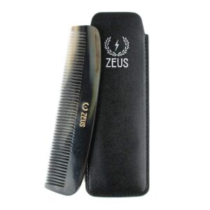 zeus wide tooth natural horn beard comb w/leather case, saw-cut, anti-static, tames, smooth glide for long/thick beards