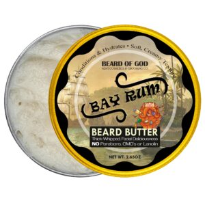 bay rum - 2.65 oz. thick-whipped beard butter - natural, organic & crafted in usa by beard of god - stimulates hair growth & beard thickness, keeps straggler down, low sheen…