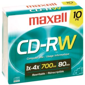 maxell cd-rw rewritable disc, 700 mb/80 min, 4x, jewel case, silver, 10/pack