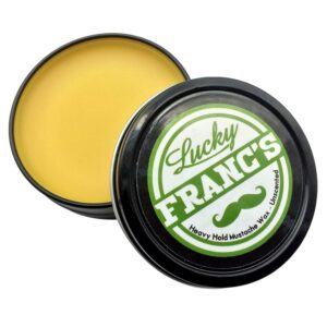 lucky franc's unscented mustache wax for men. strong frim hold stache wax for men's grooming. all natural scent free formula with beeswax and coconut oil. usa made mustache styling wax 2 ounces