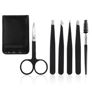 tweezers for women pinkiou 6 pieces eyebrow tweezers set with curved scissors,eyelash brush,great precision tweezer for eyebrow,ingrown hair,facial hair removal,eyebrow kits with leather travel case