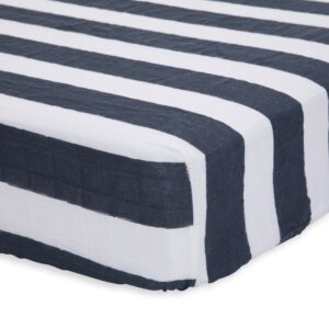 little unicorn cotton muslin fitted sheet - navy stripe