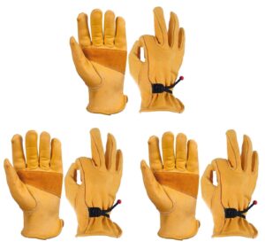 ozero leather work gloves for men: medium 3 pairs cowhide leather working gloves for driving heavy duty mechanic ranch - women gardening leather glove