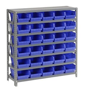 global industrial 7 shelf steel shelving with (30) 4" h plastic shelf bins, blue, 36x12x39