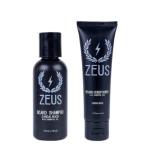 zeus travel size beard wash & beard conditioner set for men – soften, hydrates & moisturizes - made in usa (sandalwood)