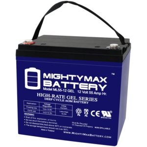 mighty max battery ml55-12gel -12 volt 55 ah, gel type, internal thread (int) terminal, rechargeable sla agm battery