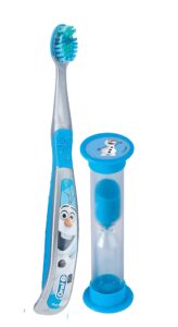 disney frozen"olaf" inspired 2pc bright smile oral hygiene set! frozen solf manual toothbrush & brushing timer! plus bonus"remember to brush" visual aid!