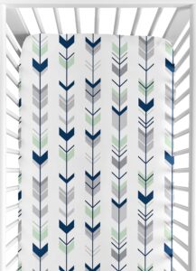 sweet jojo designs fitted crib sheet for grey, navy blue and mint woodland arrow baby/toddler bedding set collection - arrow print