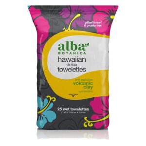 alba botanica hawaiian detox towelettes, anti-pollution volcanic clay, fragrance free, 25 count (packaging may vary)