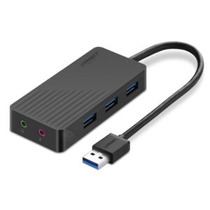 ugreen usb 3.0 hub 3 ports usb sound card 2 in 1 external stereo audio adapter 3.5mm with headphone and microphone 5gbps high speed for mac os windows linux imac macbook mac mini pcs tablets