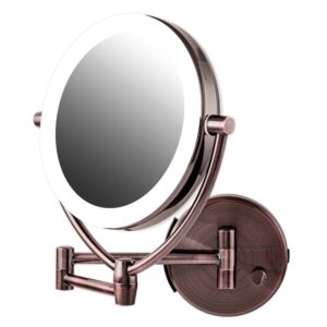 ovente 7.5" lighted wall mount makeup mirror, 1x & 10x magnifier, spinning double sided round led w/ dimmer switch, extend, retractable & folding arm, battery usb powered antique brass mlw75ab1x10x