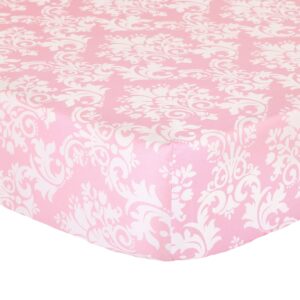 pink damask print 100% cotton sateen fitted crib sheet by the peanut shell