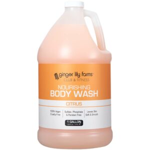 ginger lily farms club & fitness nourishing body wash, 100% vegan & cruelty-free, bath & shower gel for men and women, citrus scent, 1 gallon (128 fl. oz.) refill