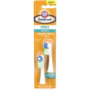 arm & hammer spinbrush pro series white electric toothbrush replacement brush heads refills, soft bristles, 2 count - 3 pack (includes 6 brush heads total)