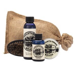 mountaineer brand beard grooming care kit for men, beard oil (2oz), conditioning balm (2oz), wash (4oz), brush, wv pine tar scent