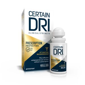 certain dri prescription strength clinical antiperspirant roll-on deodorant, hyperhidrosis treatment for men & women, long-lasting 72hr protection, effective sweat control, fragrance free, 1.2 fl oz