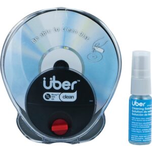 uber radial cd & dvd cleaning system, works with blu-ray discs, includes cleaning solution, great for movies, home videos, xbox and playstation games, pc games, and music, black, 27308