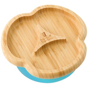 bamboo baby divider plate with suction - kids and toddler suction cup plate for babies, non-toxic all-natural bamboo baby food plate stays cool to the touch for baby-led weaning (blue)