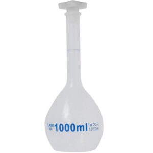 1000ml volumetric flask with plug cap, polypropylene, graduated, marking spot, karter scientific 229z4 (single)