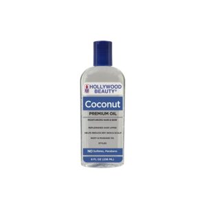 hollywood beauty coconut hair oil, 8oz bottle, moisturizes hair & skin, replenishes important hair lipids, body & massage oil, helps releve scalp dryness, reduces dandruff