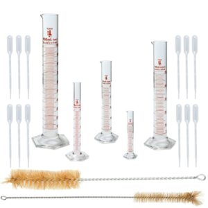 glass graduated cylinder set with cleaning brushes and transfer pipettes, borosilicate glass, 5 sizes - 5,10,25,50, and 100ml, karter scientific 233g2