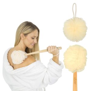 vive 17” shower loofah with long handle - exfoliating back & body scrubber for men & women - luffa sponge on a stick for bathing, cleaning - includes extra handheld lufa, hook & string to hang on wall