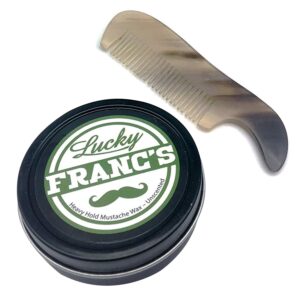 lucky franc's 2 oz. strong hold mustache wax and real ox horn comb grooming set. wax that stache in style. unscented natural moustache wax and stache or beard comb. handmade gift set for men