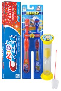 peanuts inspired 4pc bright smile oral hygiene set! snoopy themed 2pk soft manual toothbrush, crest kids toothpaste & charlie brown brushing timer! plus bonus"remember to brush" visual aid!