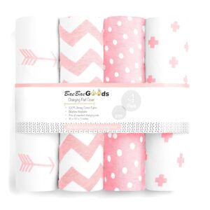 changing pad cover – baby changing pad covers 4 pack – girls changing pad cover set – pure cotton machine washable pink and white changing table cover – diaper changing pad cover sheets