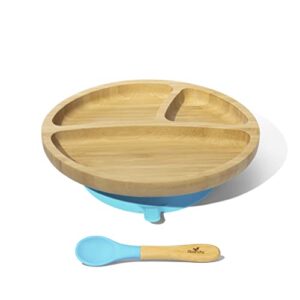 avanchy toddler baby plates divided bamboo, suction for babies kids toddler food with silicone spoon for feeding, blue