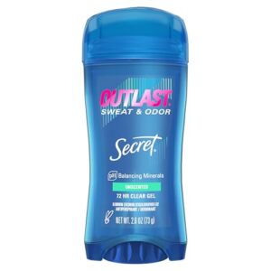 secret outlast antiperspirant deodorant for women, sweat & odor protection, ph balancing minerals, clear gel, unscented, 2.6 oz