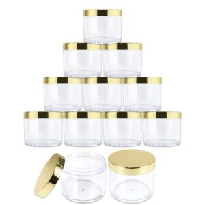 beauticom 120g/120ml (4 fl oz) thick double wall leak-proof round clear plastic jars with flat top lids for creams, lotions, powders, glitters, charms, and more… (color: gold lid, quantity: 12 pieces)