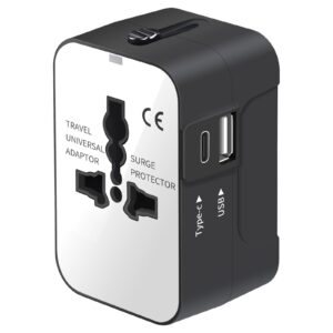 travel adapter, worldwide all in one universal travel adapter wall charger ac power plug adapter with usb type c charging ports for usa eu uk aus, white