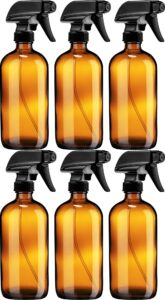 sally's organics empty amber glass spray bottle - large 16 oz refillable container for essential oils, cleaning products, or aromatherapy - black trigger sprayer w/mist and stream settings - 6 pack