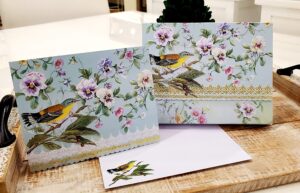 carol wilson fine arts inc.- pansies & warbler - embossed & die cut blank note cards in portfolio box - 10 count - ncp2449