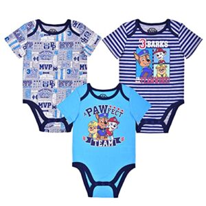 paw patrol nickelodeon boys’ chase, marshall and rubble 3 pack bodysuits for newborn and infant – blue/grey