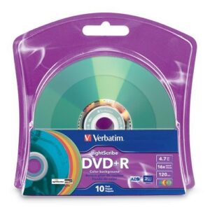 verbatim 16x dvd+r lightscribe assorted color blank media, 4.7gb/120min - 10 pack (96941)