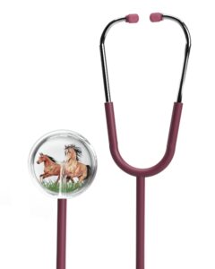 great for veterinarians or animal lovers, burgundy stethoscope, horses on diaphragm