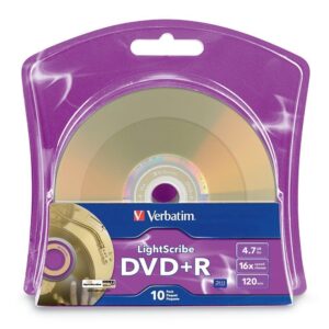 verbatim lightscribe 10pk dvd+r blank media - laser etch prints direct to disc (96943) - 4.7gb/120min