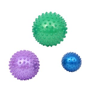 fun and function – spiky tactile balls – bumpy, textured, tactile sensory balls for kids ages 3+ – set of 3 (5” blue, 8” purple & 9” green)